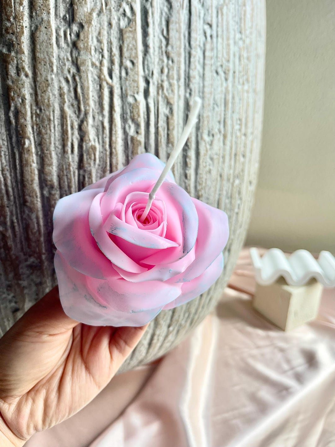 Pink Blue Rose Candle, Handmade Flower Candle, Beeswax Flower, Mothers ...
