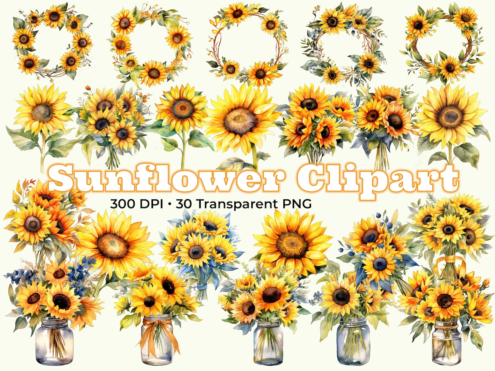 Watercolor Sunflower Clipart Sunflower Wreath Clipart - Etsy