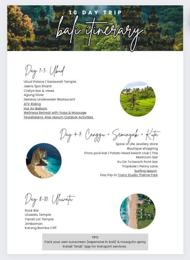 Bali 10 Day Trip Itinerary Template - Etsy