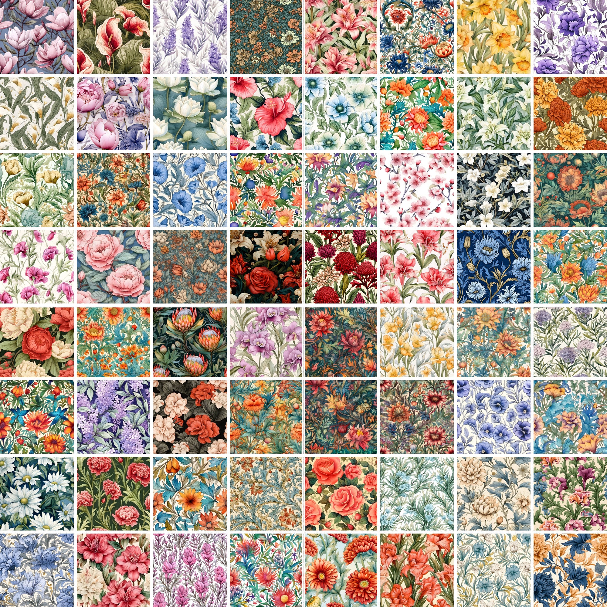 100 William Morris Style Seamless Floral Patterns, 50 Flower Types and ...