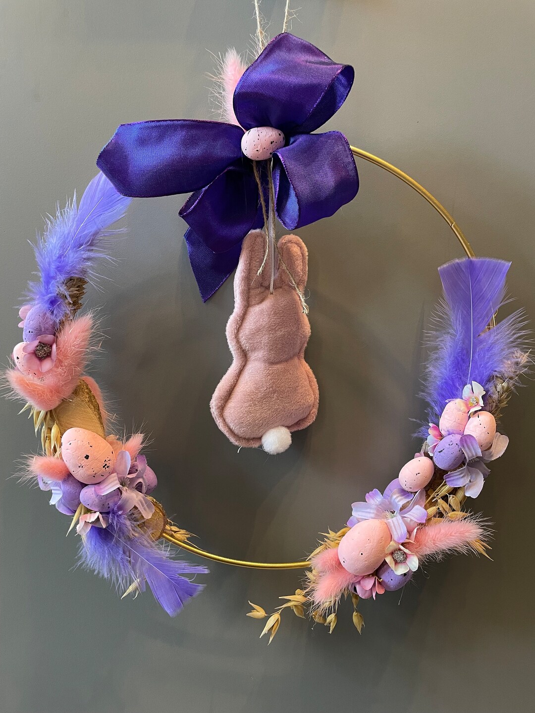 Metal Ring Easter Wreath, Pink Purple, With Bunny. Door Decoration ...