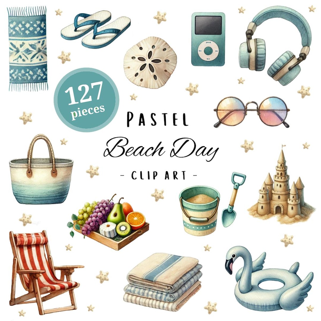 Pastel Beach Day Clip Art, Watercolor Bundle, Cards, Invitations, Gifts ...