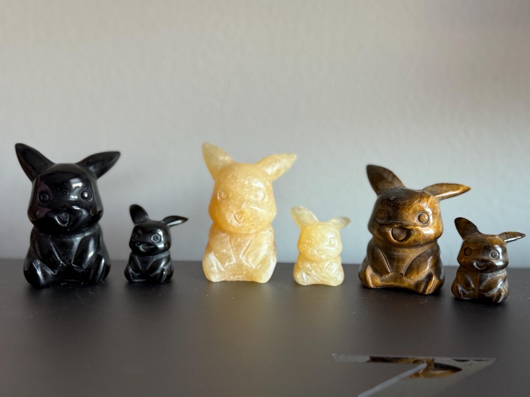 Pikachu Pokémon Crystal Carving in Yellow Calcite Tigers Eye Obsidian ...