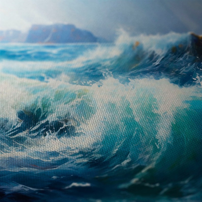 Blue Sea and Waves Art Print on Canvas, Moody Ocean Painting, Large ...