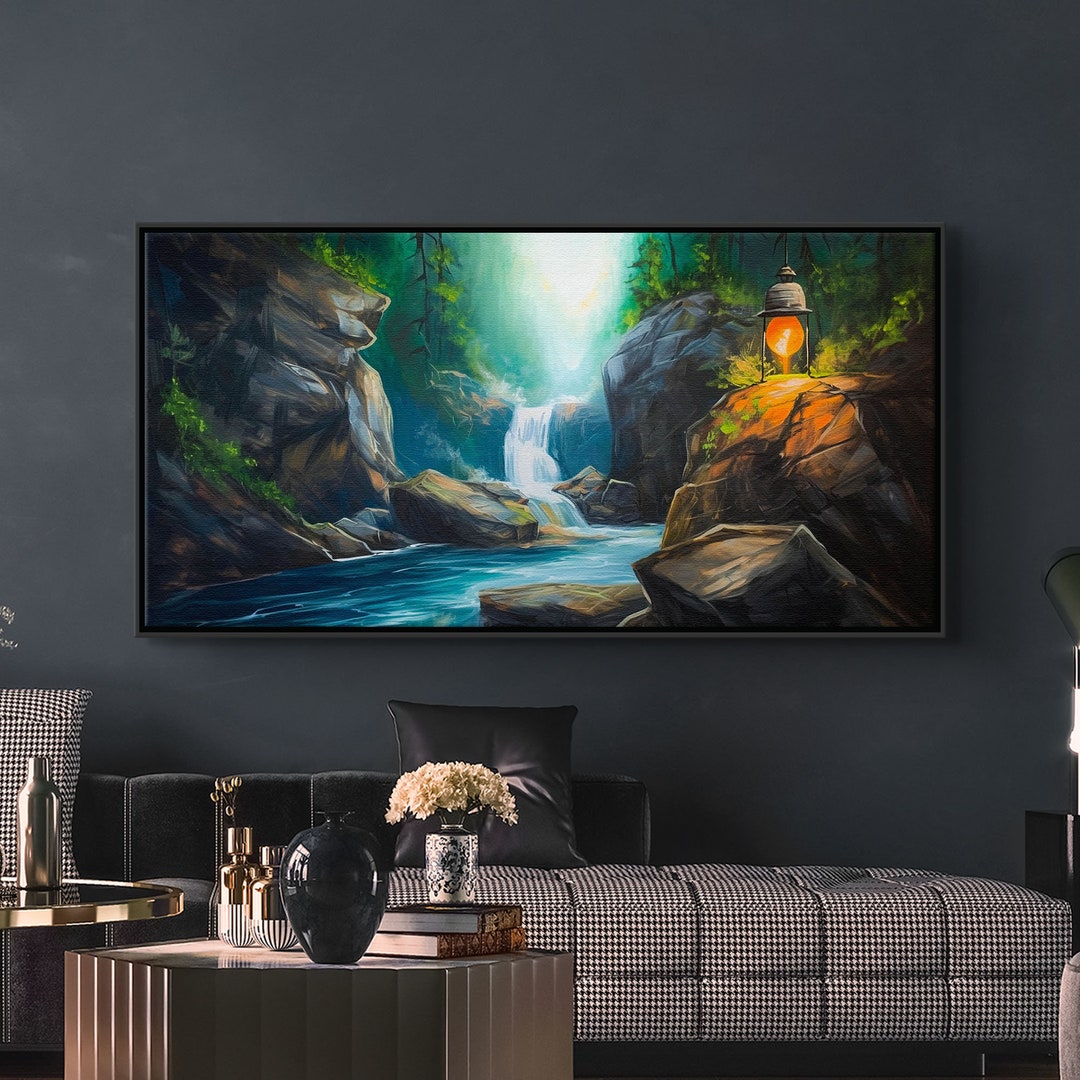 Blue Rocky River Falls Fantasy Art Print on Canvas Oil Style - Etsy