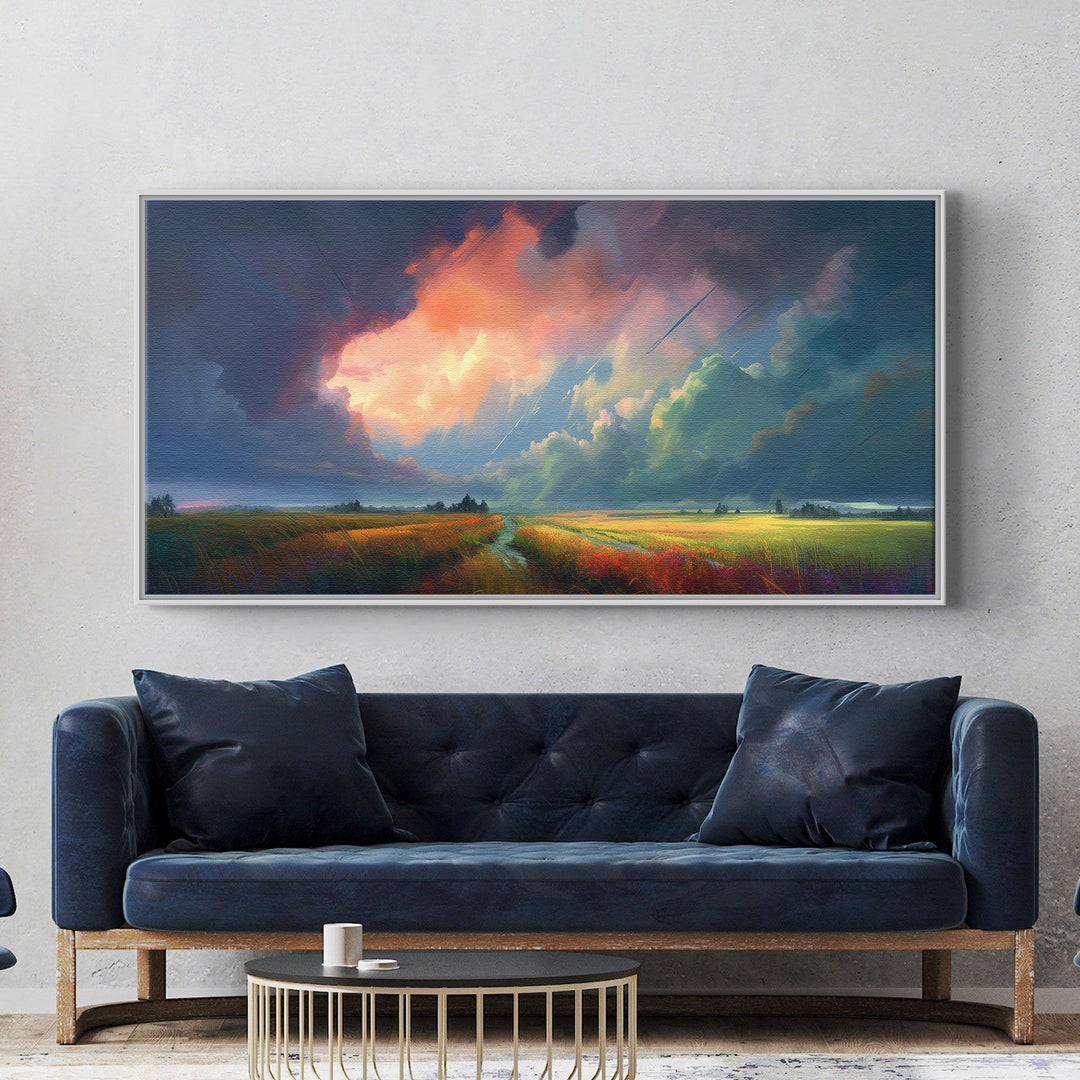 Sunset Sky at Meadow Art Print on Canvas, Modern Sky Painting, Large ...