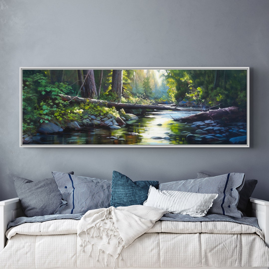 Fallen Tree in Forest Riverbed Art Print on Canvas, Vivid Oil Style ...