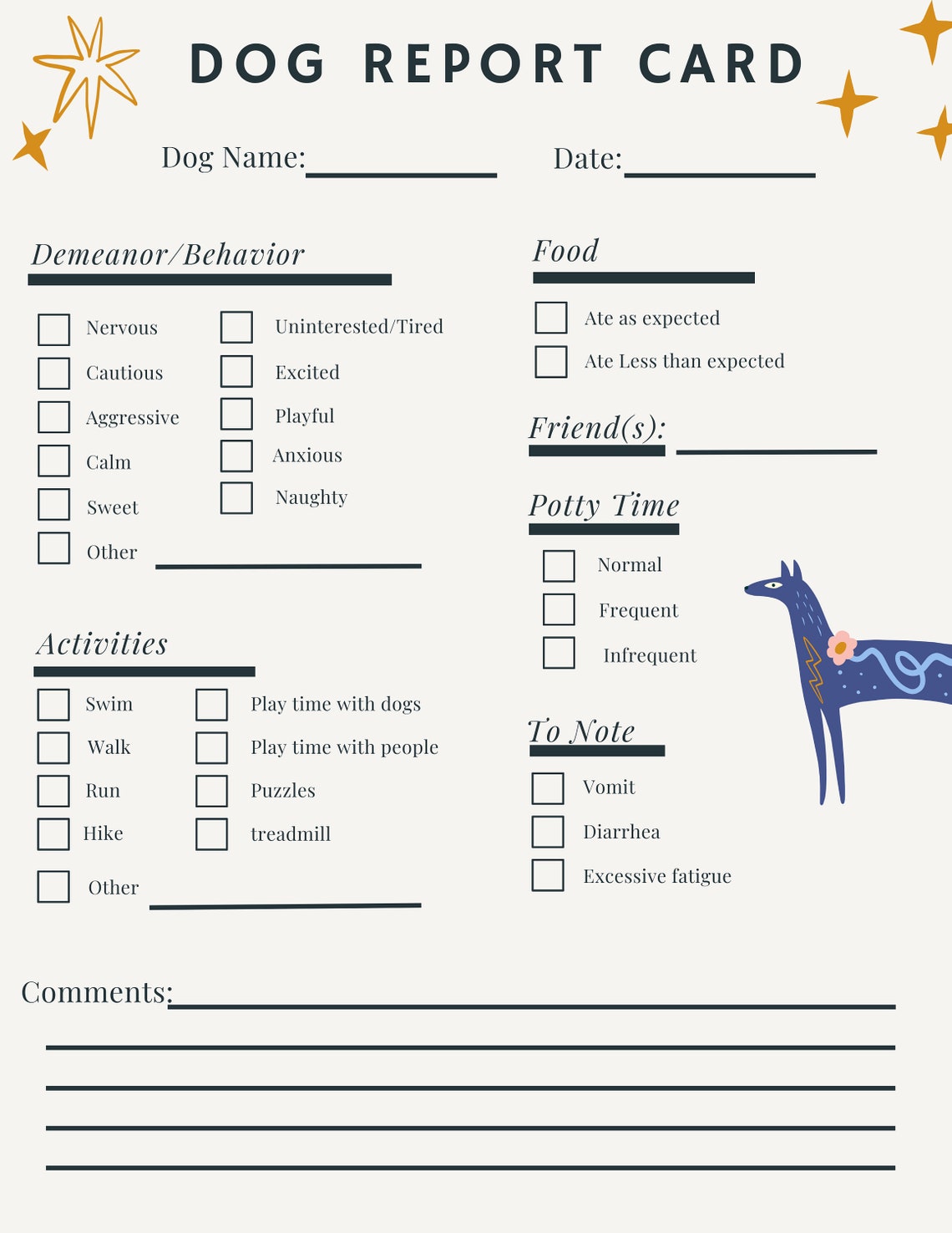 Dog Report Card Stars Edition, for Doggy Day Care and Dog Sitting ...