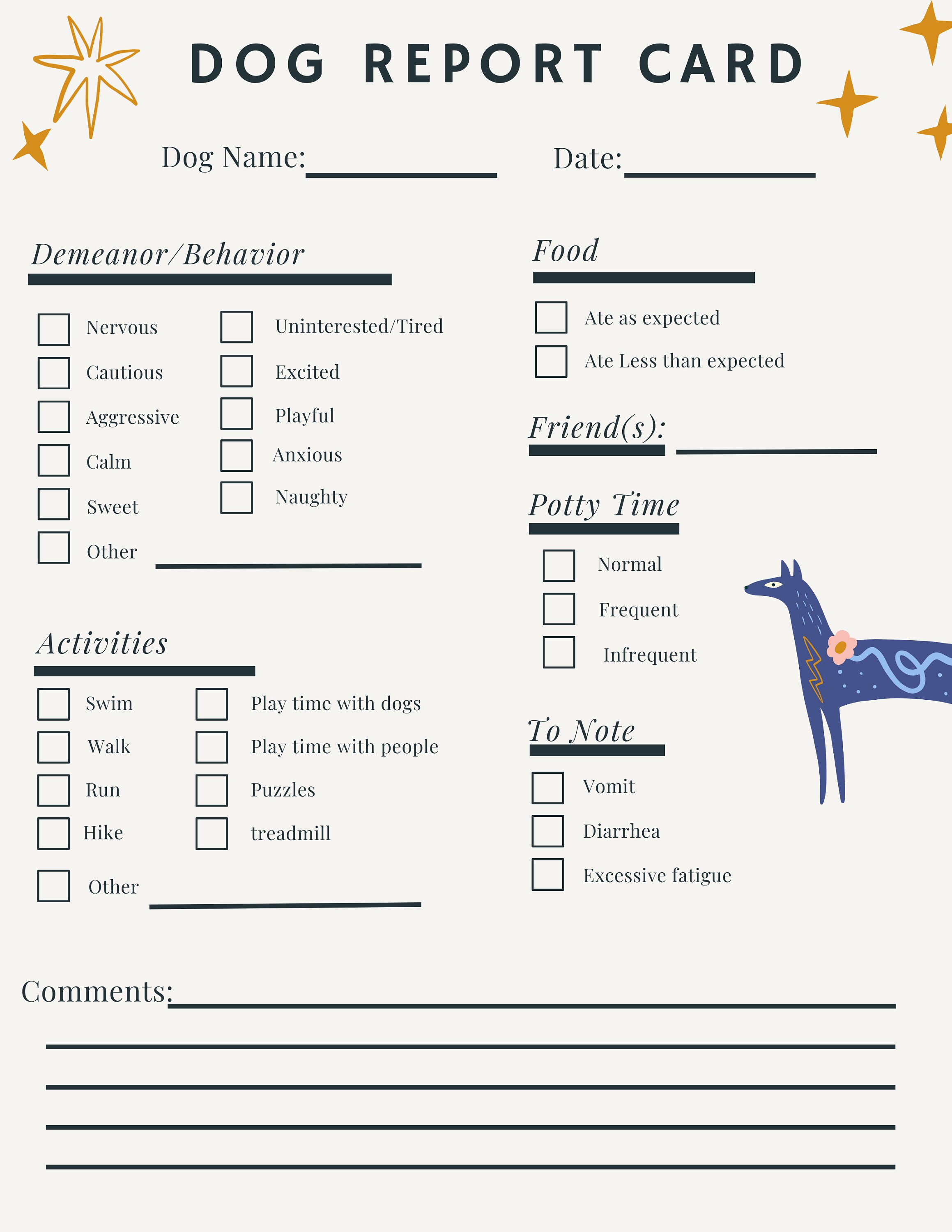 Dog Report Card Stars Edition, for Doggy Day Care and Dog Sitting ...