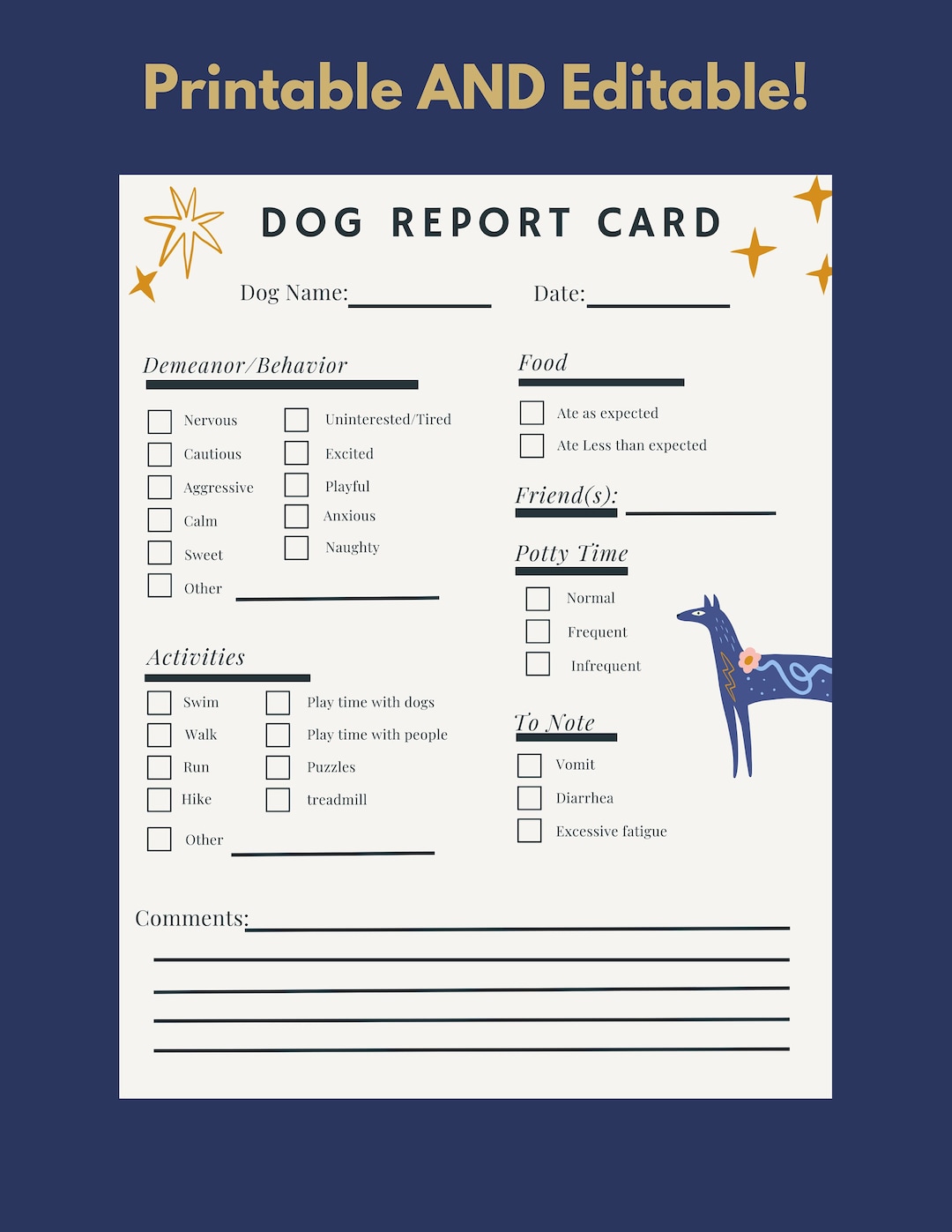 Dog Report Card Stars Edition, for Doggy Day Care and Dog Sitting ...