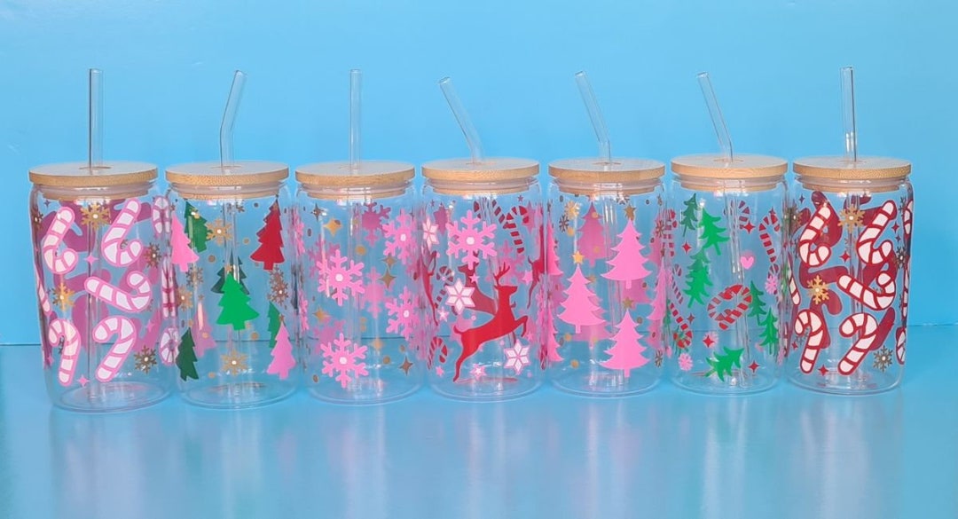 Christmas Themed Glass Cups With Bamboo Lid and Straw, Holiday Glass ...