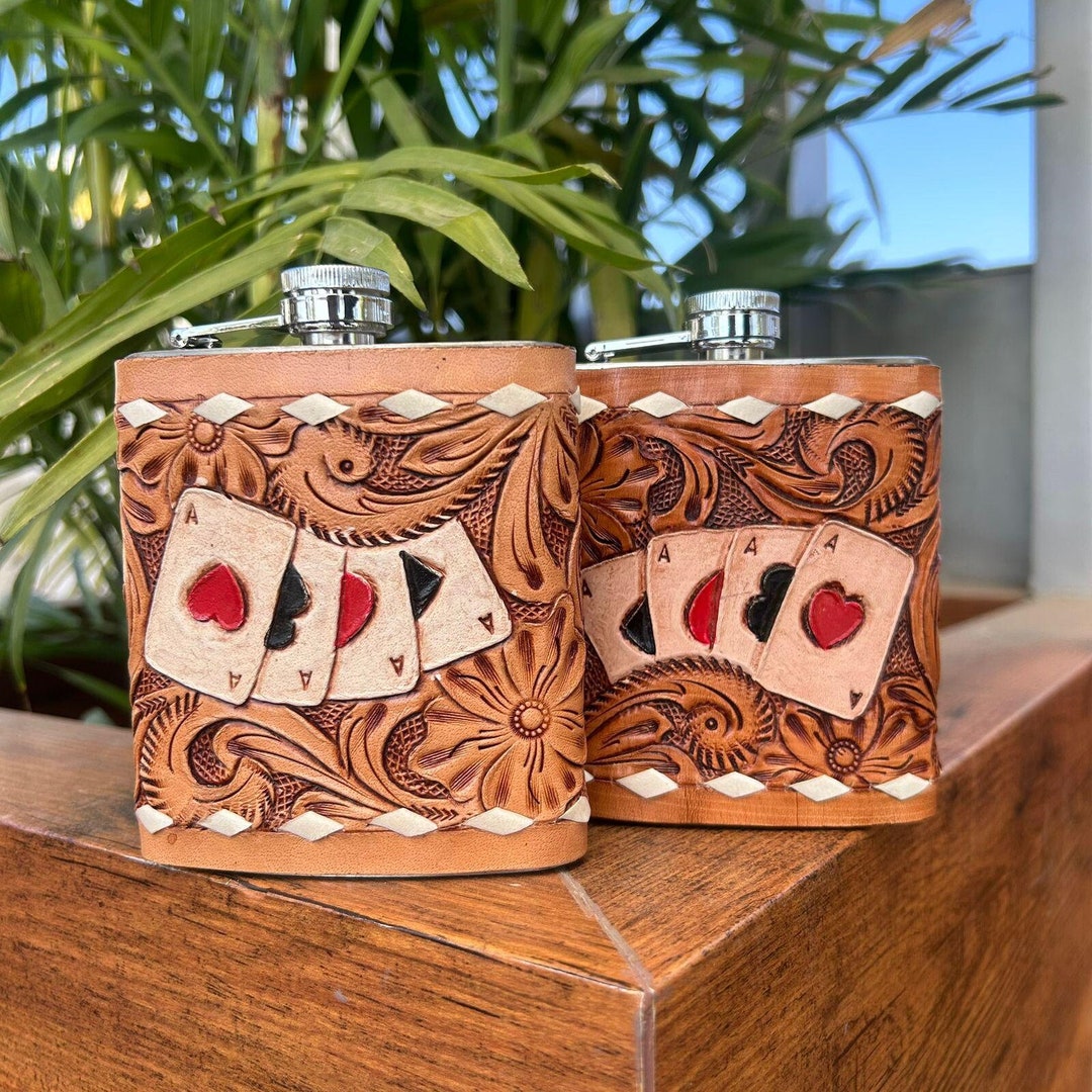 Handcrafted Tooled Leather Flask Cover With Flask Western Stainless ...