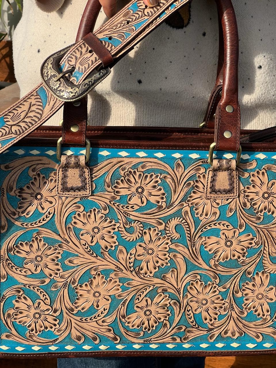 Hand Tooled Leather Turquoise Tote Bag Tooled Wallet Combo Set ...