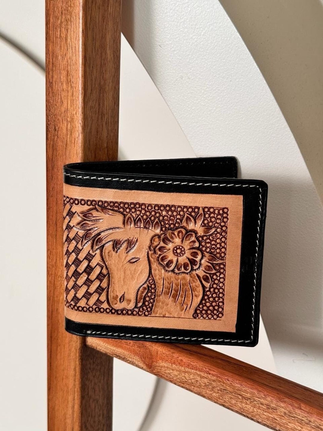 Tooled Leather Wallet Western Style Men Wallet Horse Carved Bifold ...