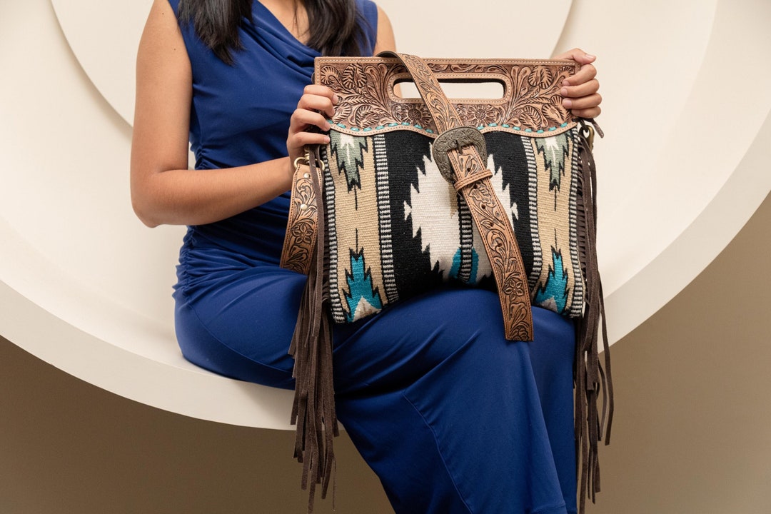 Tooled Leather Aztec Bag Saddle Blanket Bag Aztec Crossbody Jacquard ...