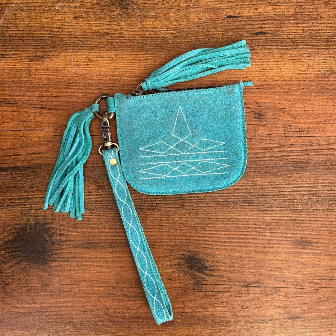 Western Suede Leather Coin Zipper Pouch Boot Stitch Coin Purse Women ...