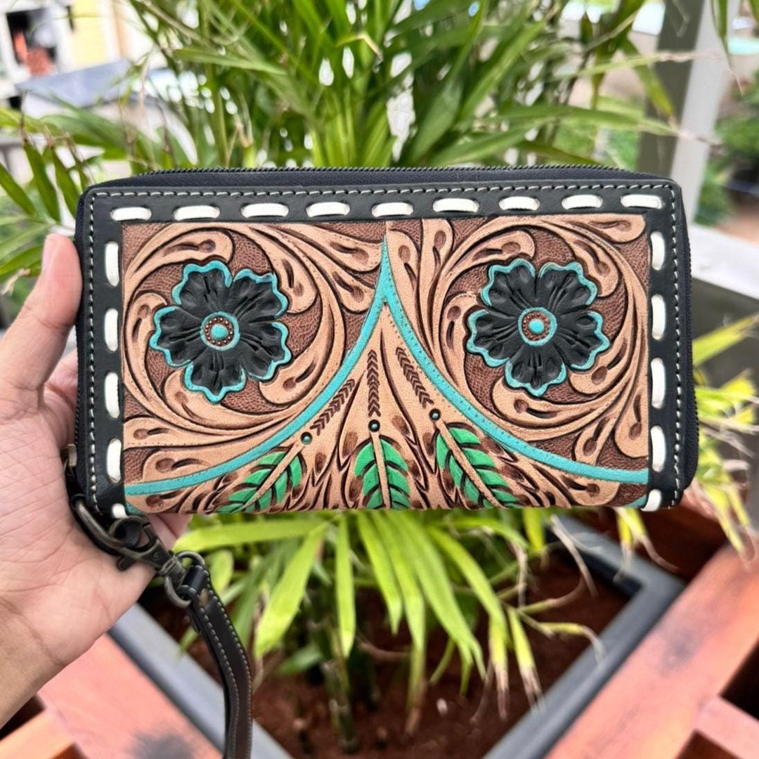 Western Style Floral Carving Leather Clutch Card & Cash Holder Tooled ...