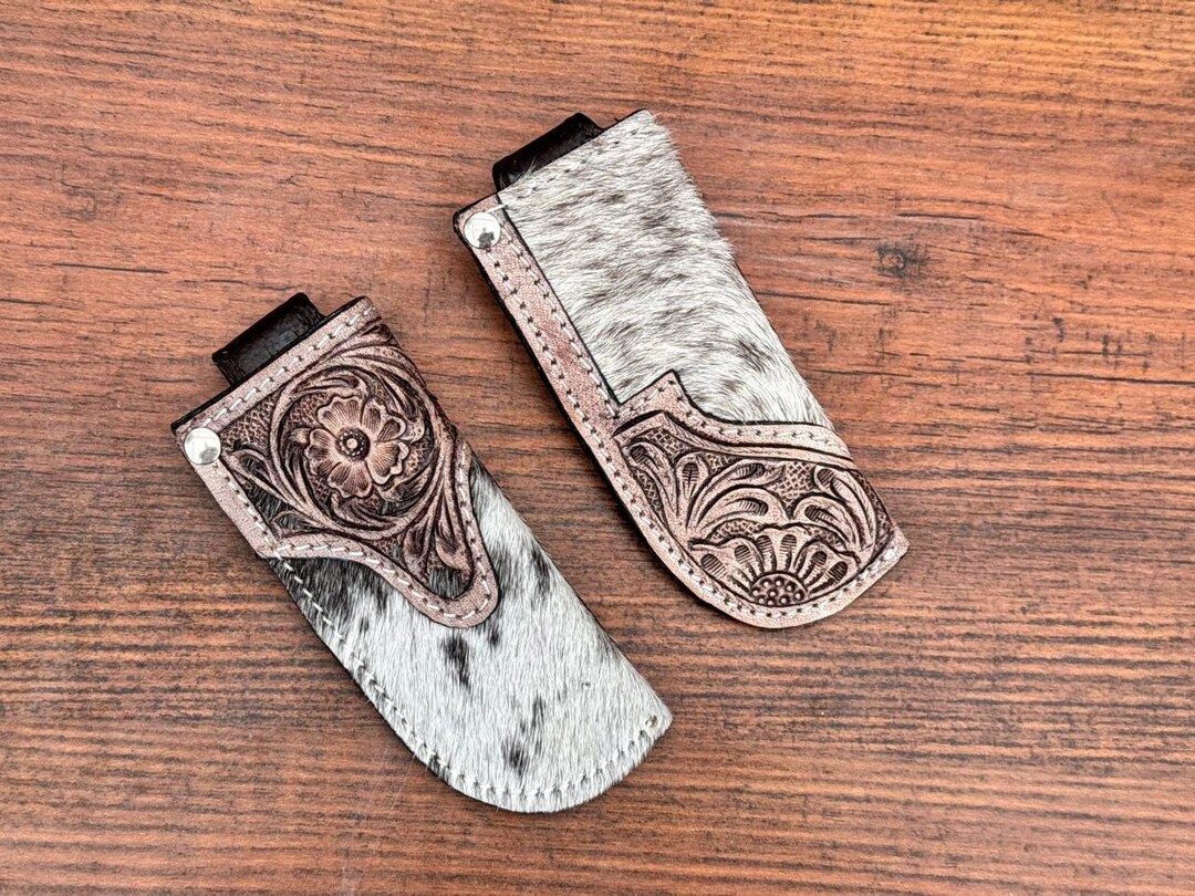 Cowboy Hand Tooled Leather Knife Sheath With Belt Loop Cowhide Fur ...
