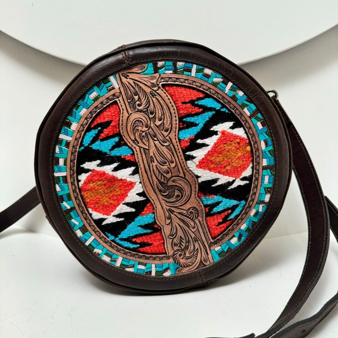Tooled Aztec Leather Handbag Saddle Round Canteen Bag Crossbody Bag ...