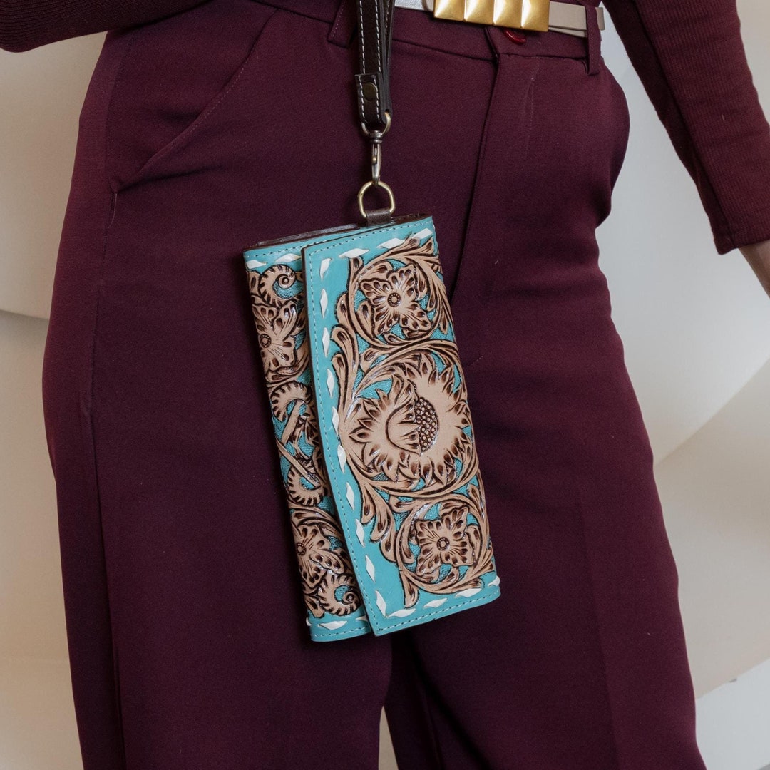 Turquoise Accent Western Carved Leather Wallet Handcrafted Leather ...