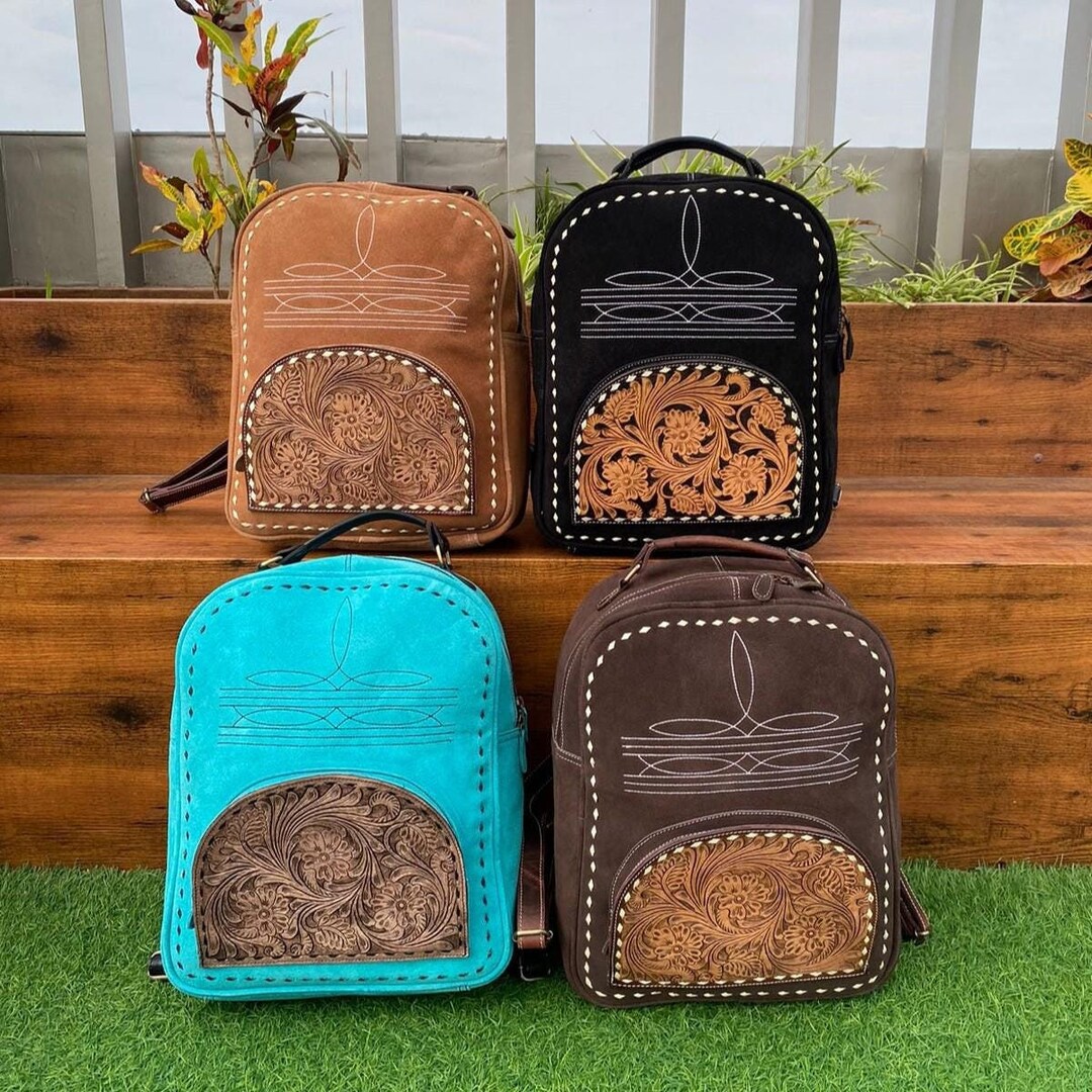 Suede Leather Backpack Unisex Hand Tooled Leather Backpack Laptop ...
