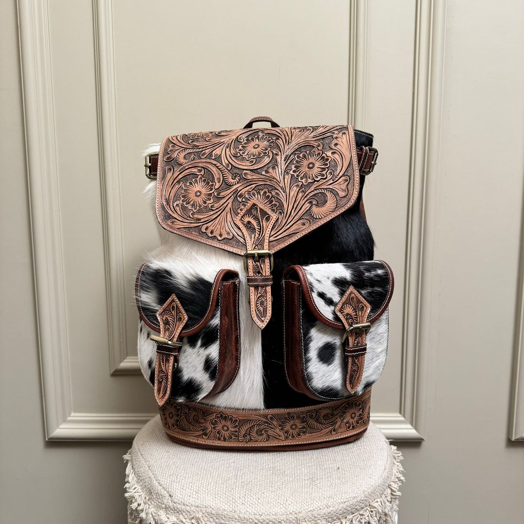 Unisex Leather Bag Hand Tooled Leather Backpack Cowhide Leather ...