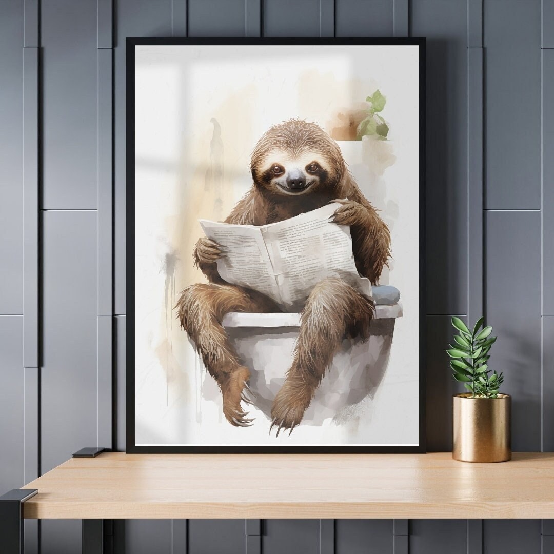 Sloth Reading Newspaper on Toilet Print, Bathroom Art Toilet Painting ...