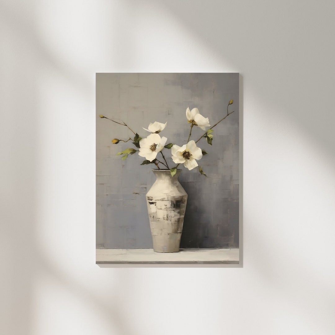 Neutral Still Life Oil Painting White Flower Vase Digital Print ...