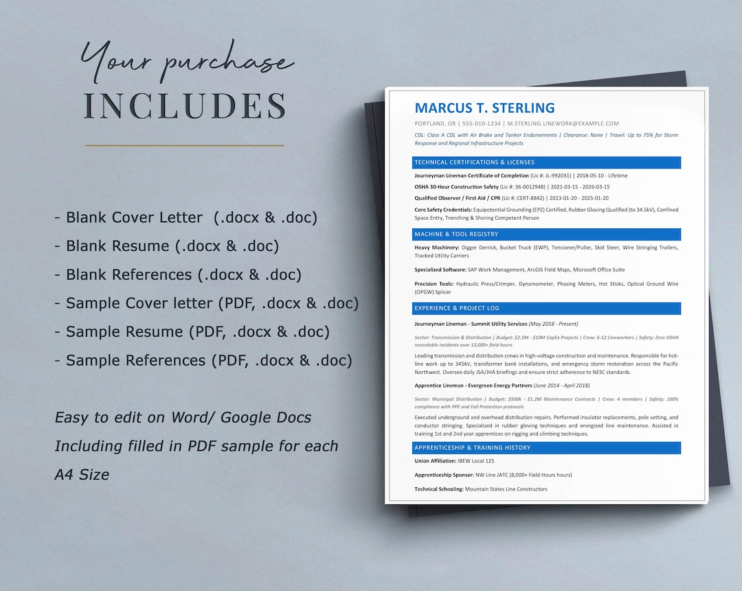 Lineman Resume Template | Utility Worker CV & Cover Letter (word) - Etsy