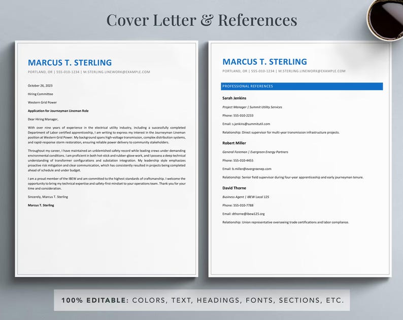 Lineman Resume Template | Utility Worker CV & Cover Letter (word) - Etsy