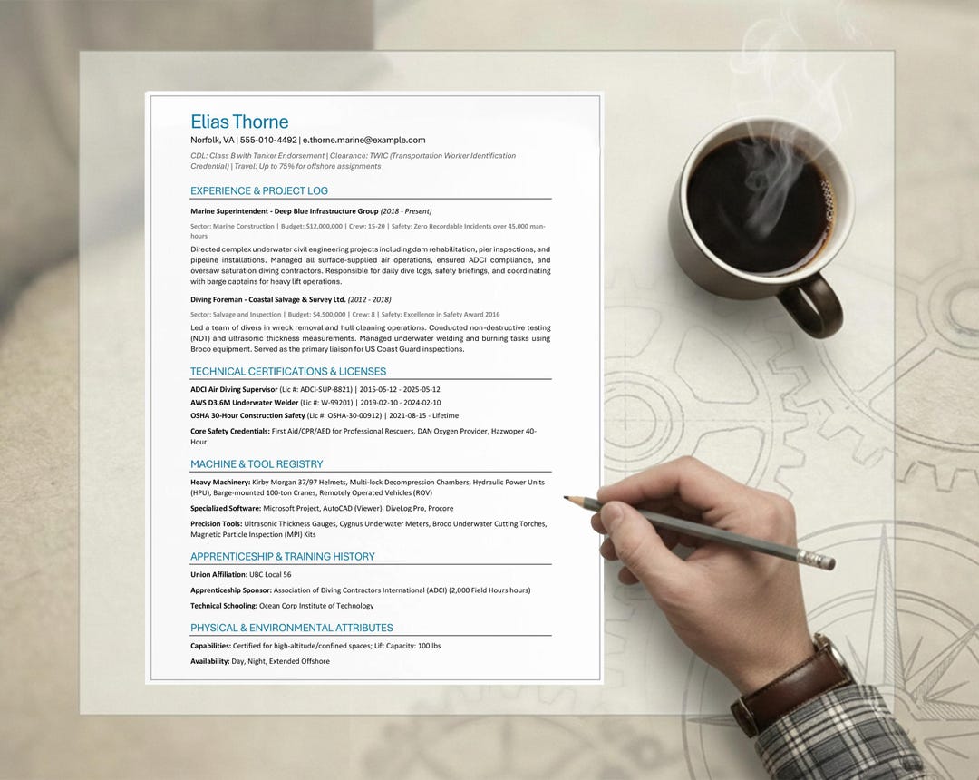 Commercial Diver Resume Template | Underwater Welder CV Pack | Offshore ...