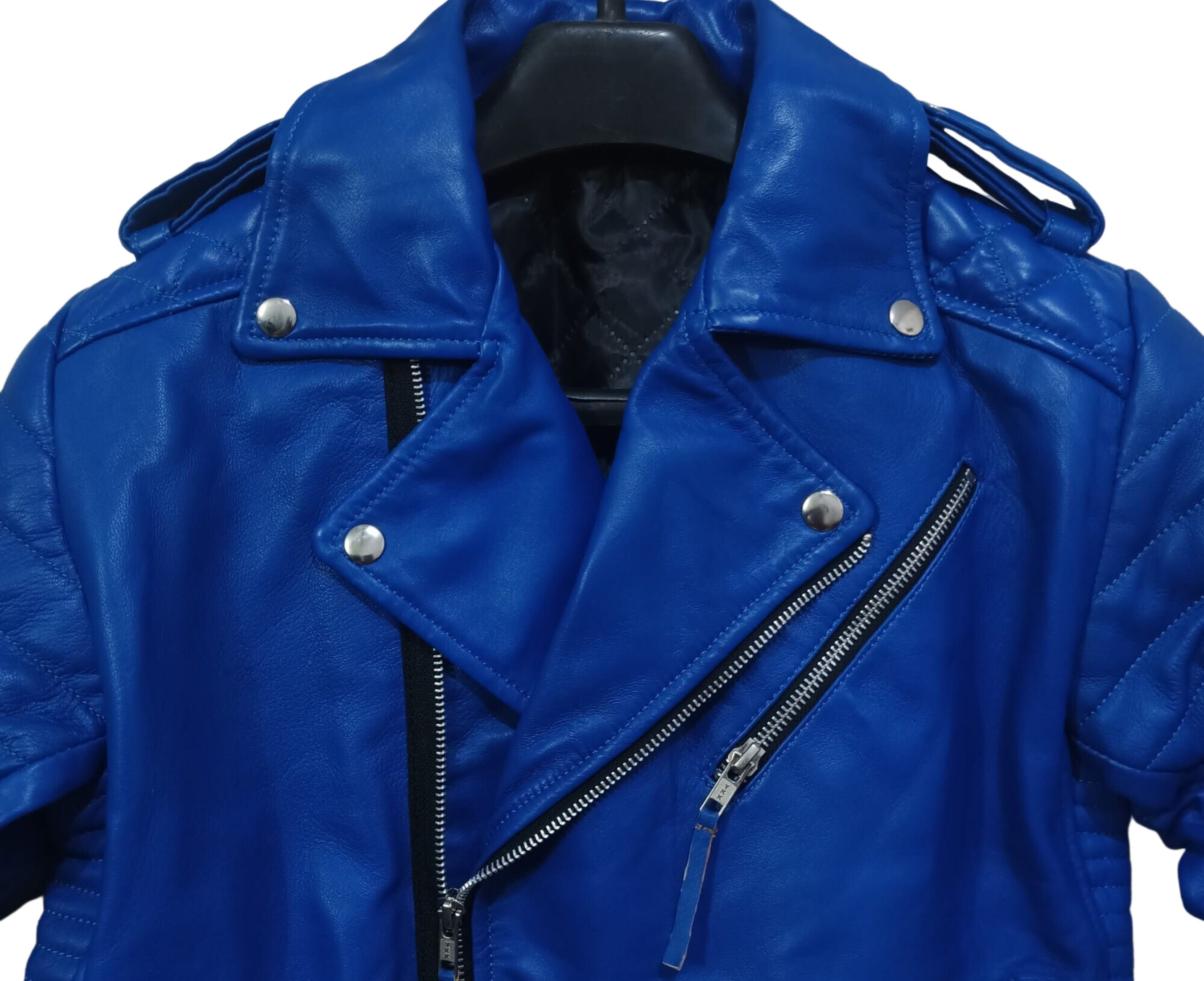 Handmade Men's Blue Leather Racing Jacket, Streetwear Sheepskin Motorcycle Jacket, Properly ...