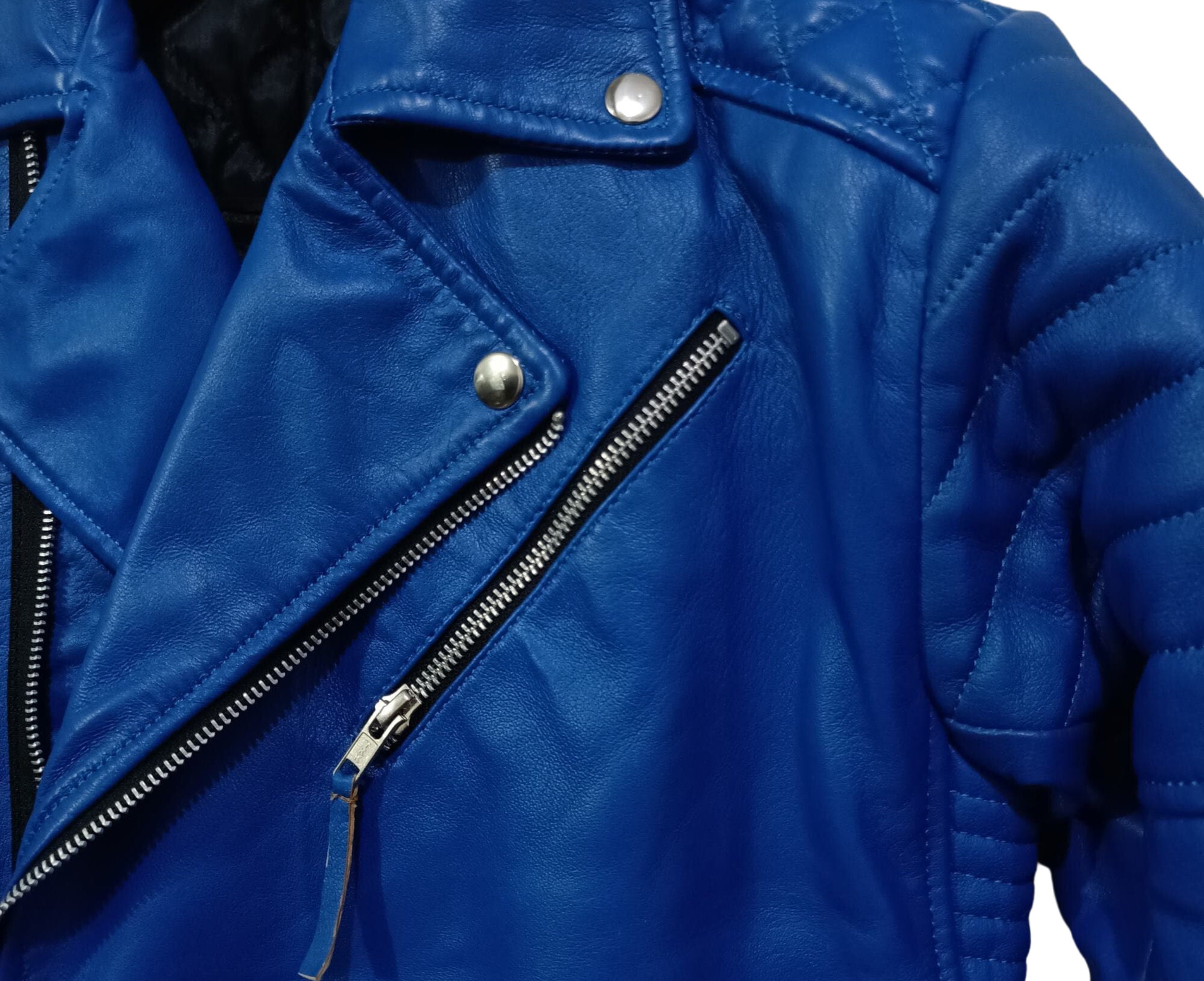 Handmade Men's Blue Leather Racing Jacket, Streetwear Sheepskin Motorcycle Jacket, Properly ...