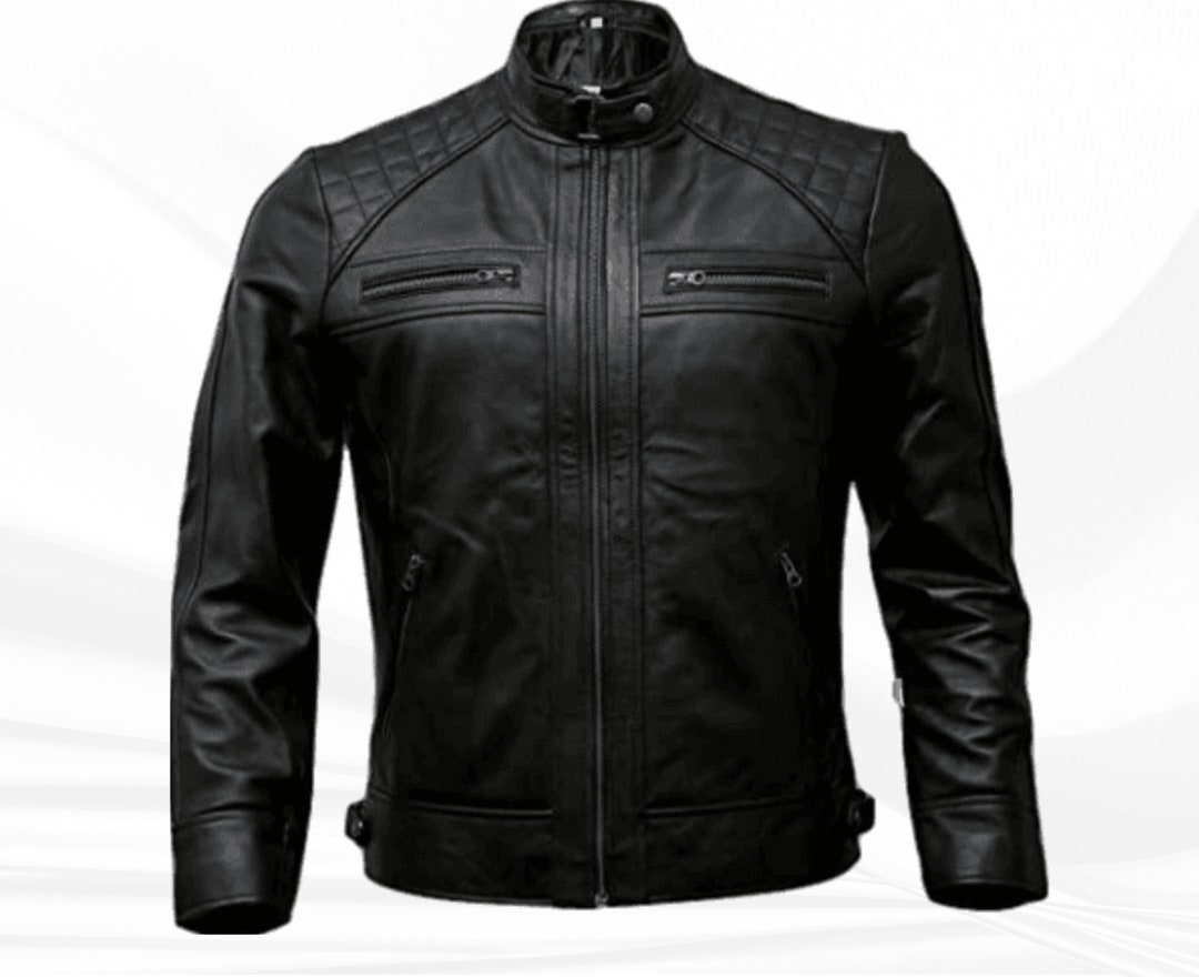 Black Collar-button Racing Jacket Genuine Leather Jacket Men - Etsy