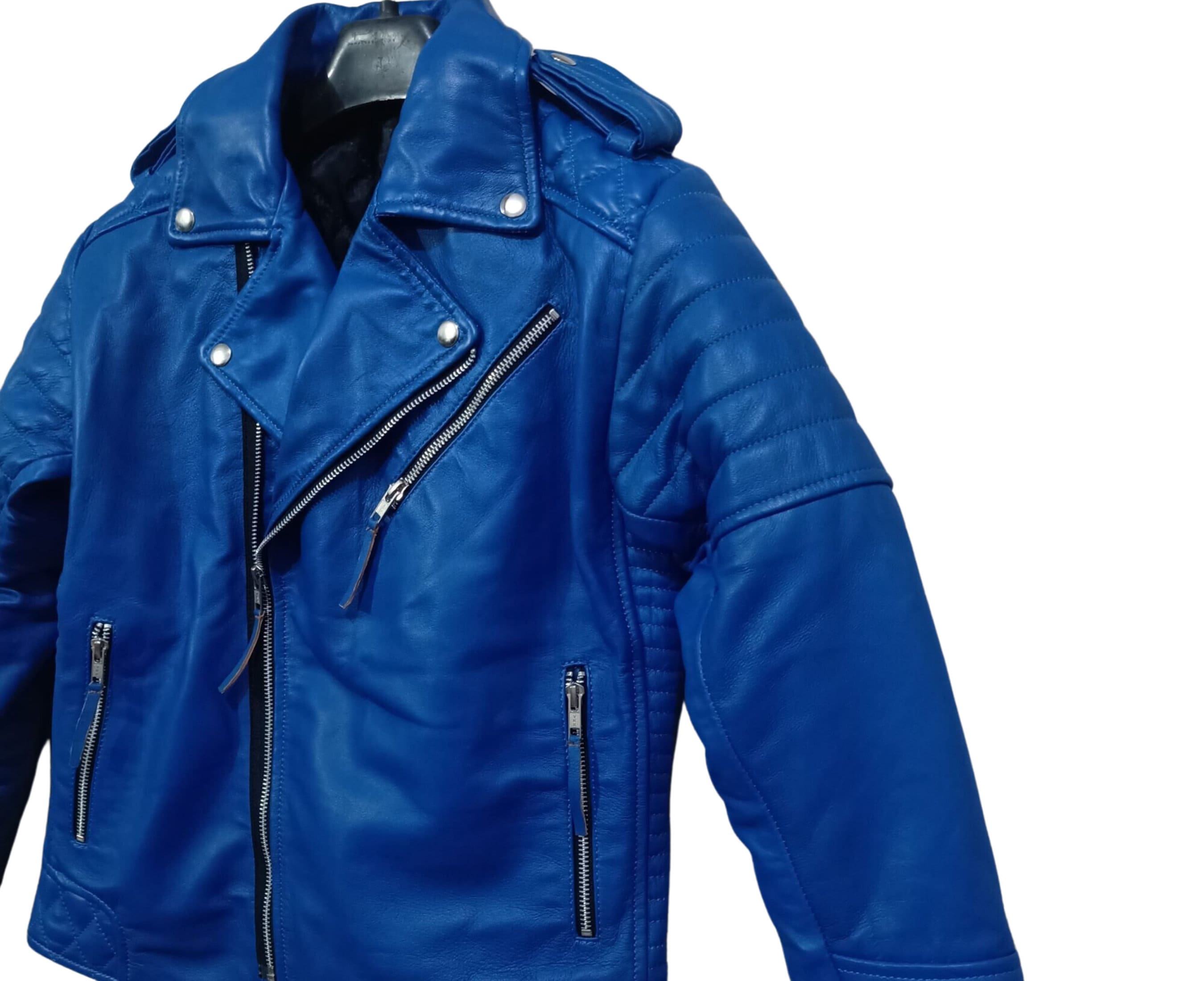 Handmade Men's Blue Leather Racing Jacket, Streetwear Sheepskin Motorcycle Jacket, Properly ...