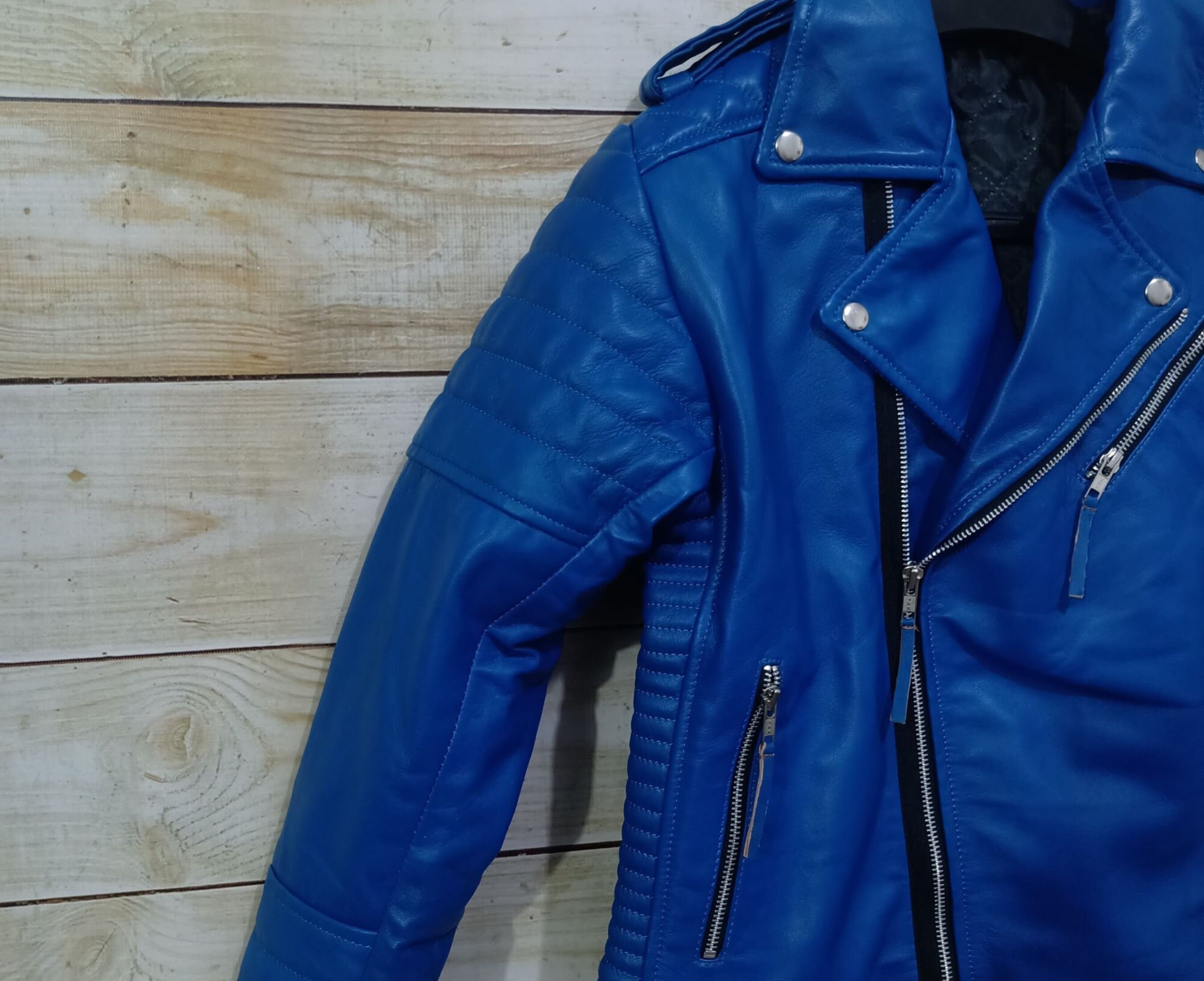 Handmade Men's Blue Leather Racing Jacket, Streetwear Sheepskin Motorcycle Jacket, Properly ...