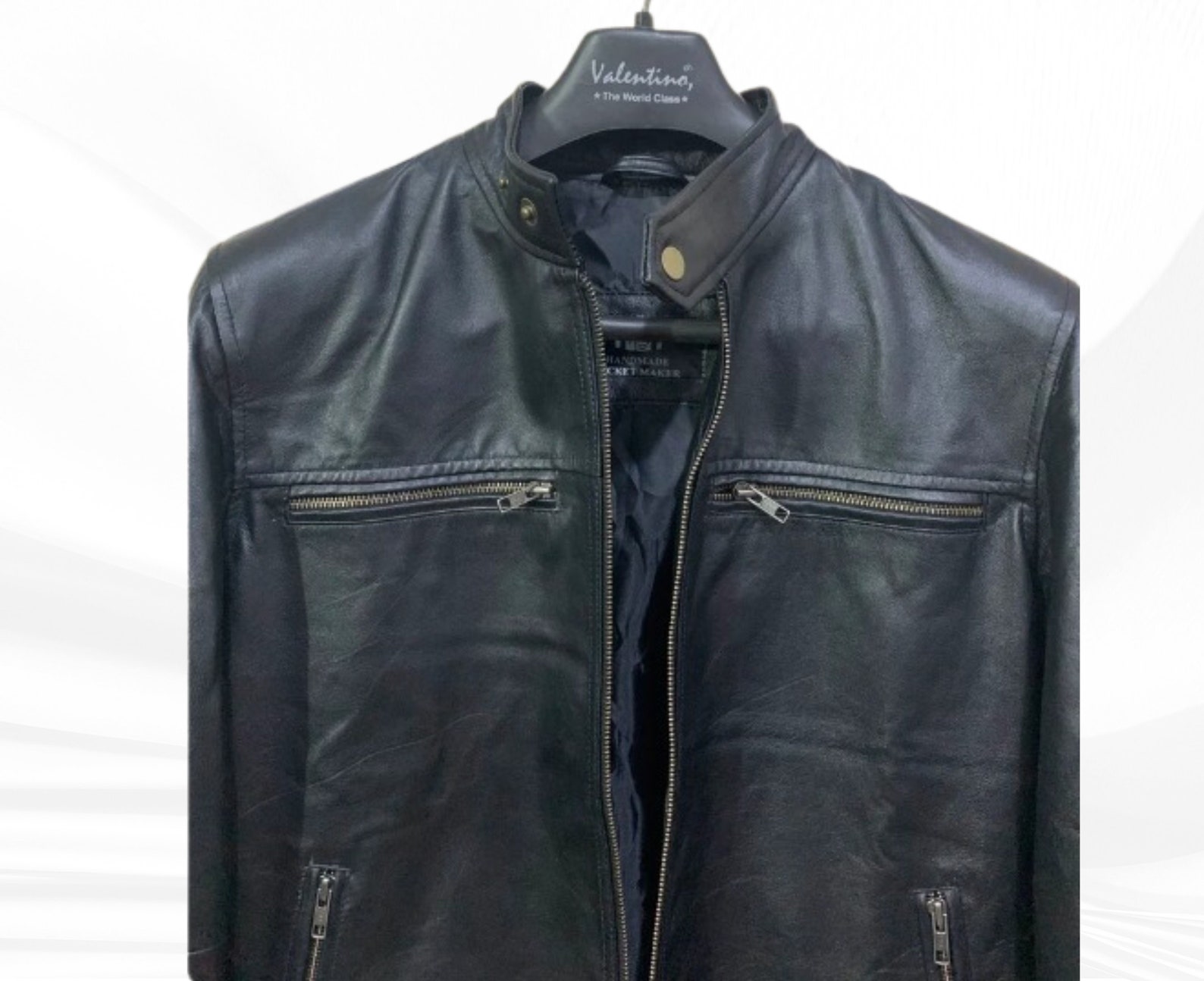 Black Premium Men's Leather Jacket Durable Racing Jacket Collared ...