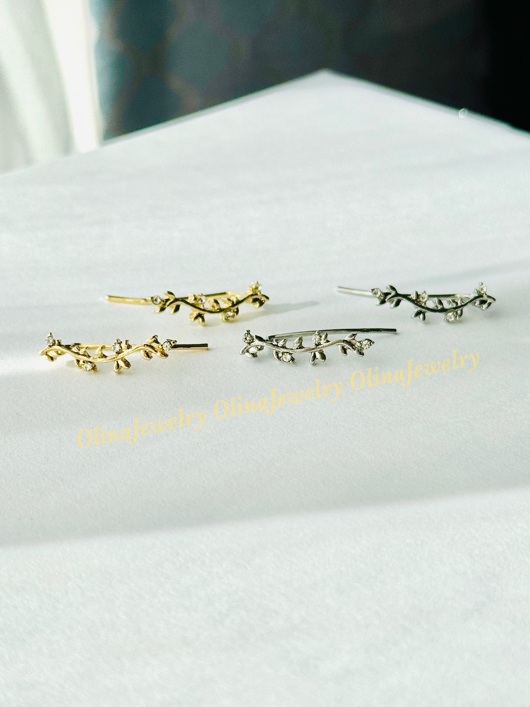 14K Gold Olive Branch Ear Climber: CZ Leaf Crawler Earrings - Etsy
