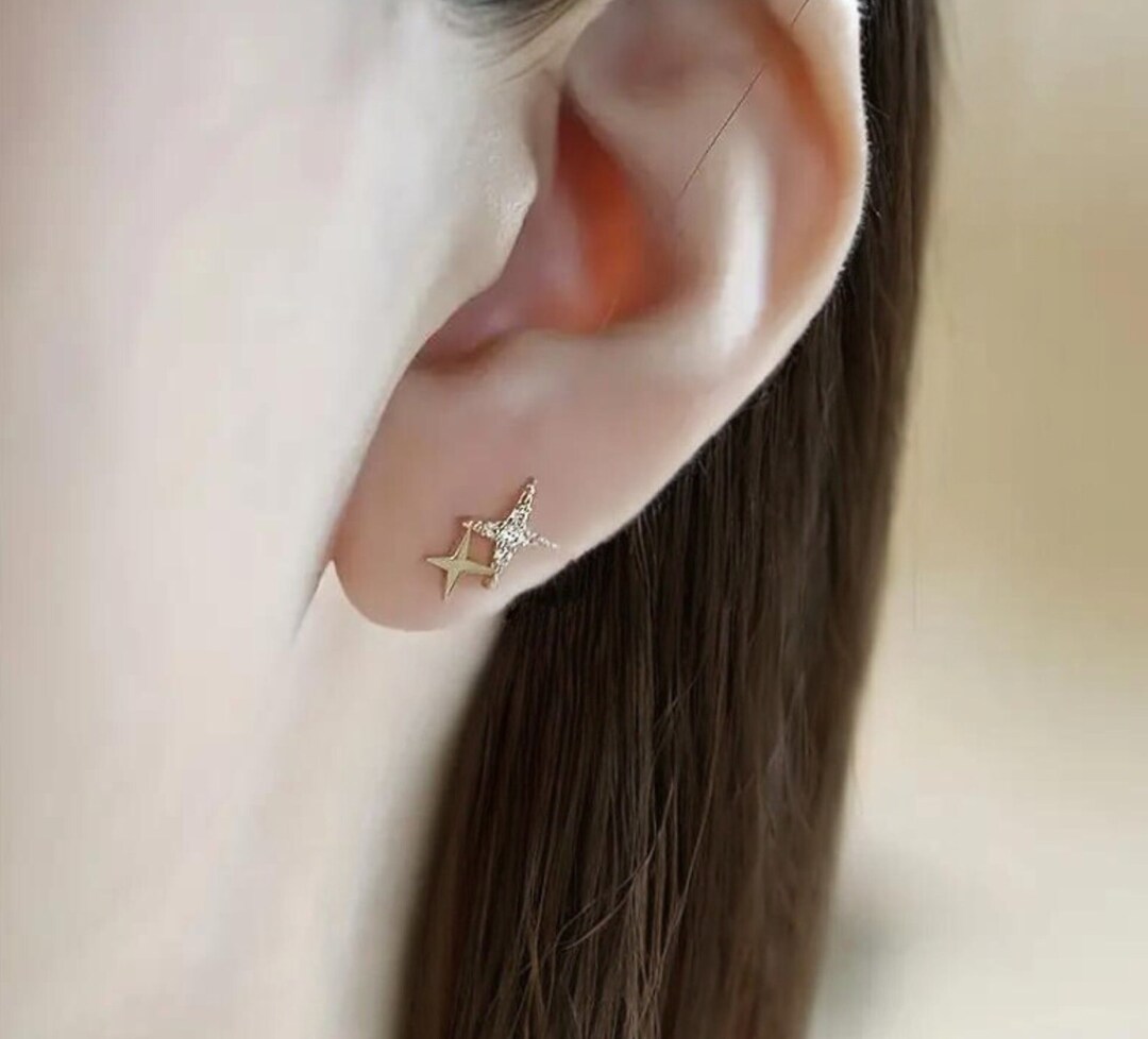 14K Gold Dainty Star Stud Earring With CZ, Small Star Stud Earring ...