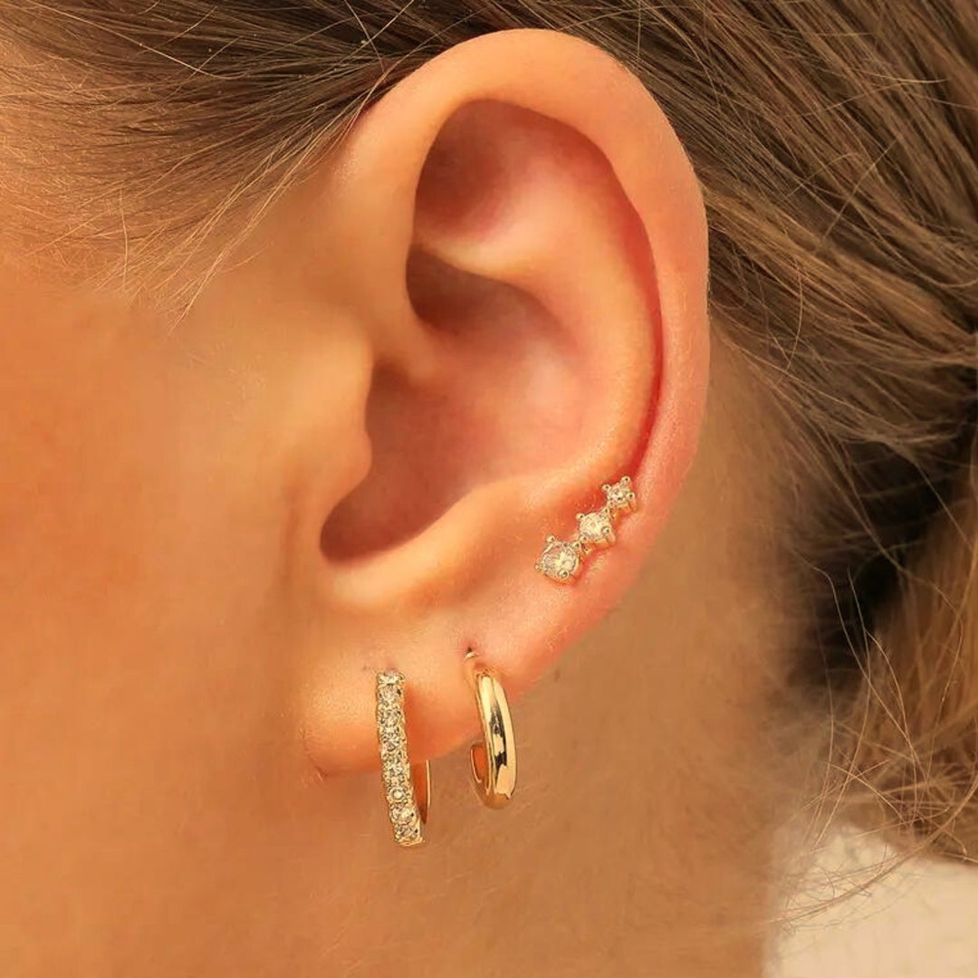 14K Gold Huggie Hoops Earring Set, CZ Ear Climber Earrings, Dainty Gold Earrings, Small CZ ...