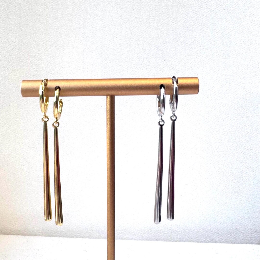14K Gold Long Bar Charm Dangle Earring, Glossy Long Dangle Huggie ...