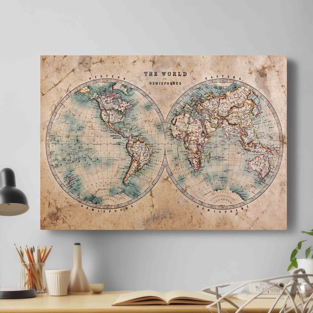 Antique World Map Poster Print: 1800s Hemispheres, Vintage Style Canavs ...