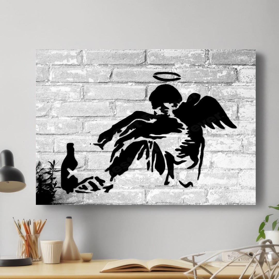 Banksy Art New Redesign Fallen Angel Grey Black White Graffiti - Etsy