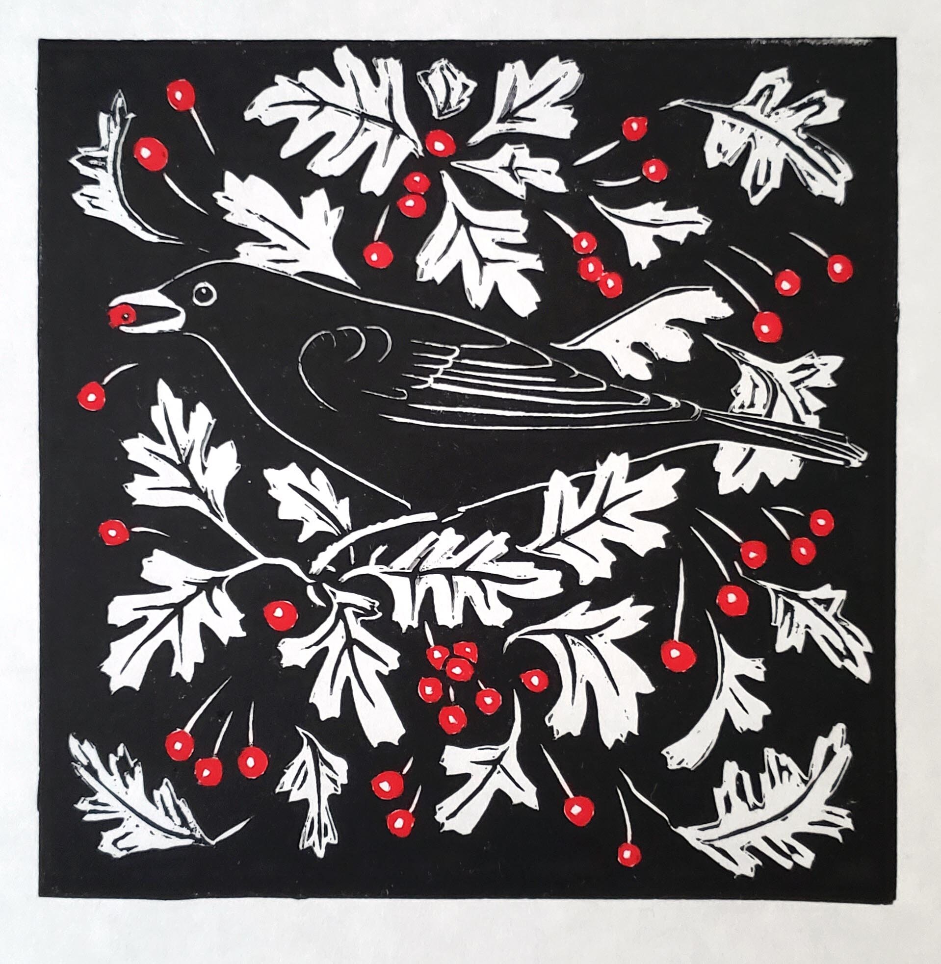 Blackbird and Hawthorn, Blackbird Print, Blackbird Lino Print, Linocut ...