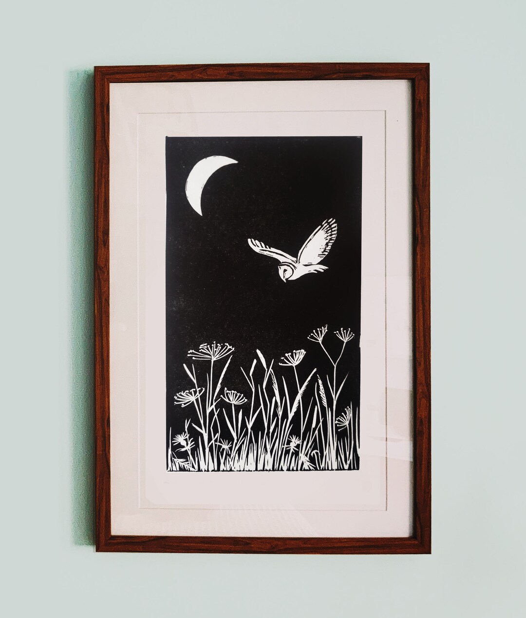Moon Flight Over the Cow Parsley. Original Lino Print of Barn Owl in ...
