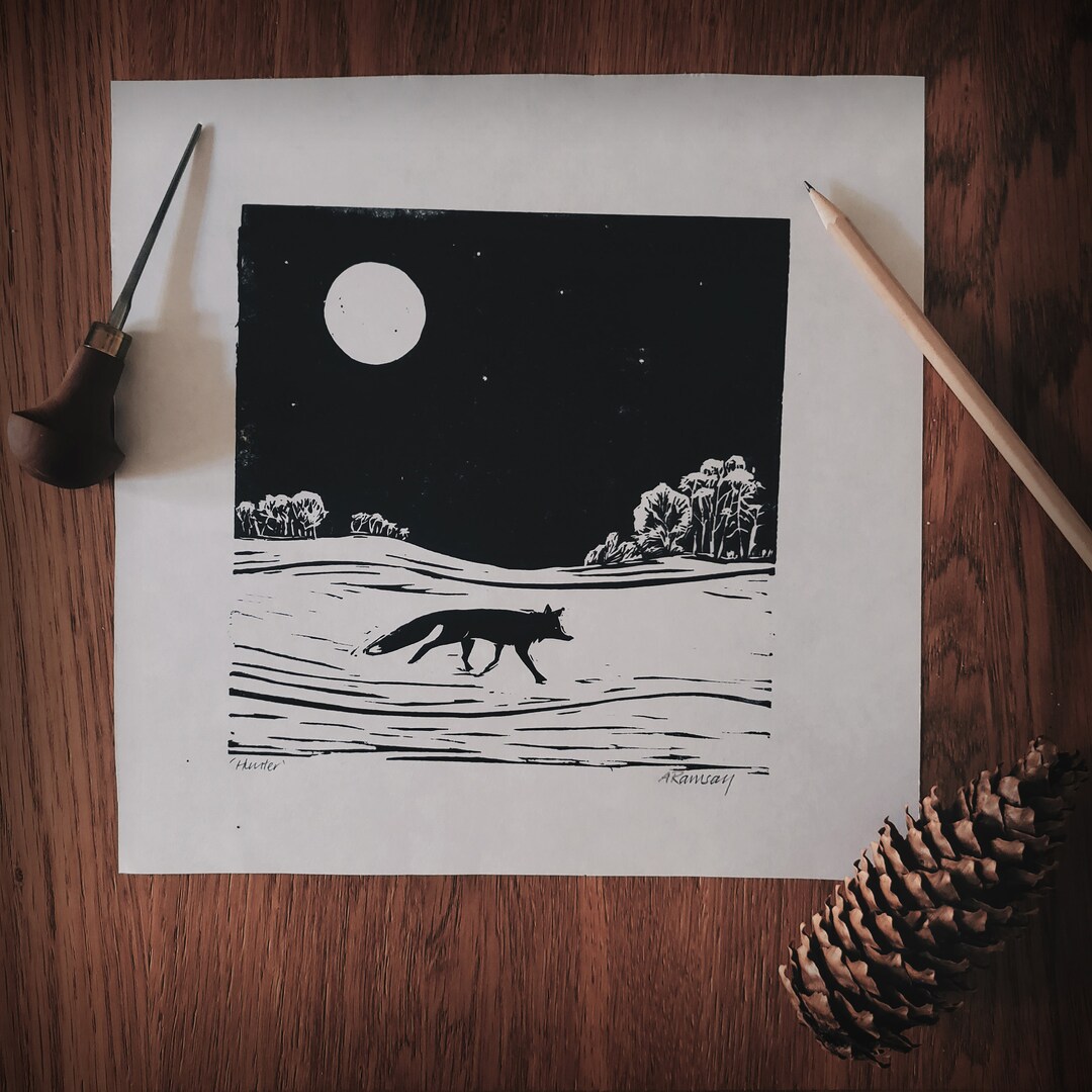 Fox Lino Print Linocut on the Hunt - Etsy