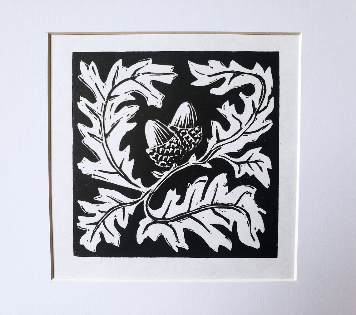 Oak Leaf Lino Print, Acorn Print, Leaf Print, Lino Print, Relief Print ...