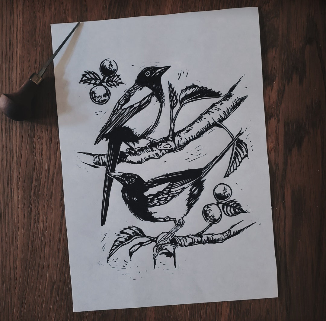 Magpie Lino Print, Linocut, Relief Printing, Magpie Linocut, Two for ...