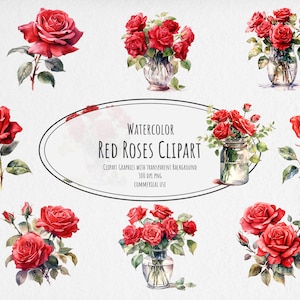 Red Watercolor Roses - Digital Cliparts in High Resolution, Instant ...