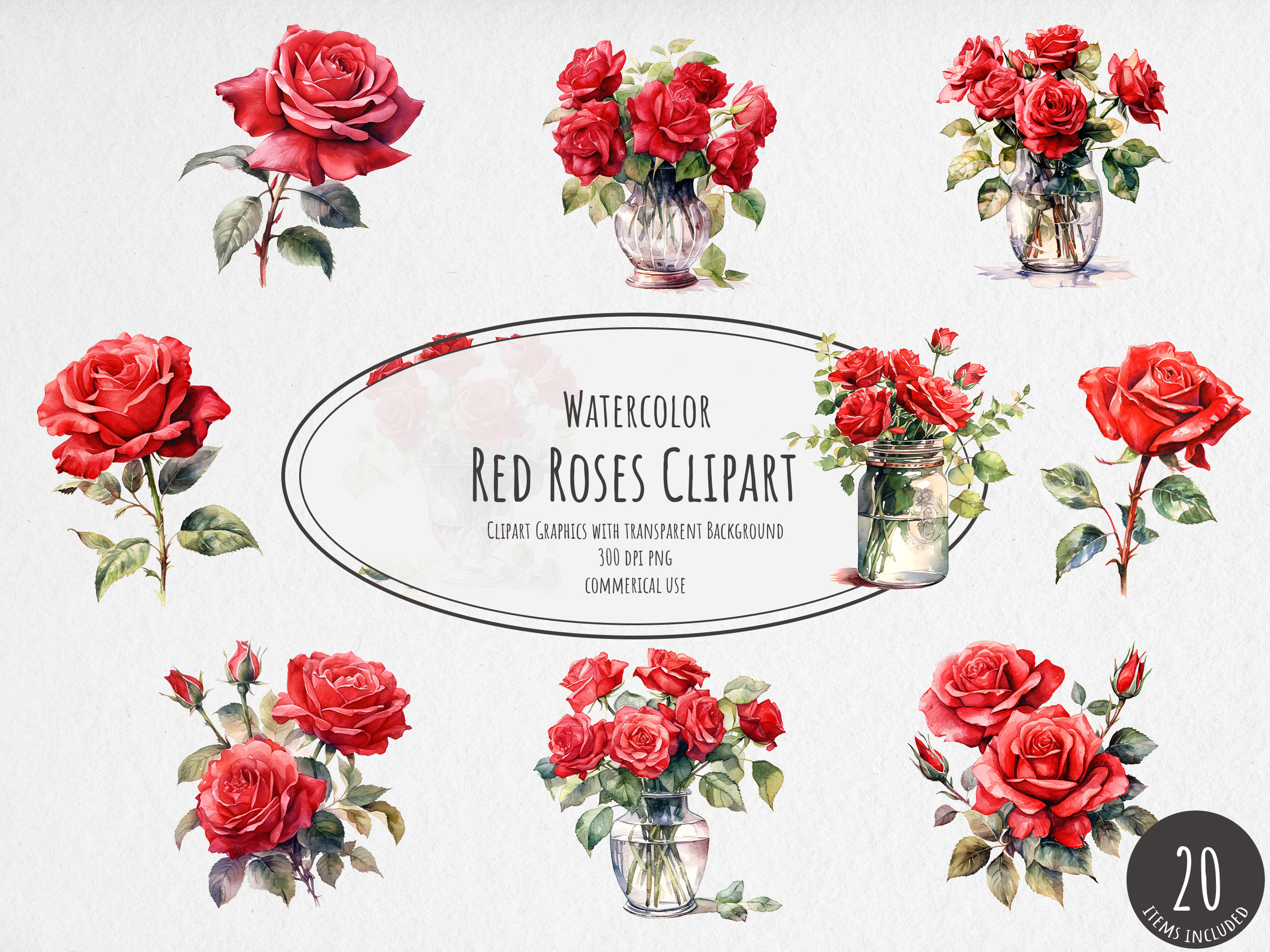 Red Watercolor Roses - Digital Cliparts in High Resolution, Instant ...
